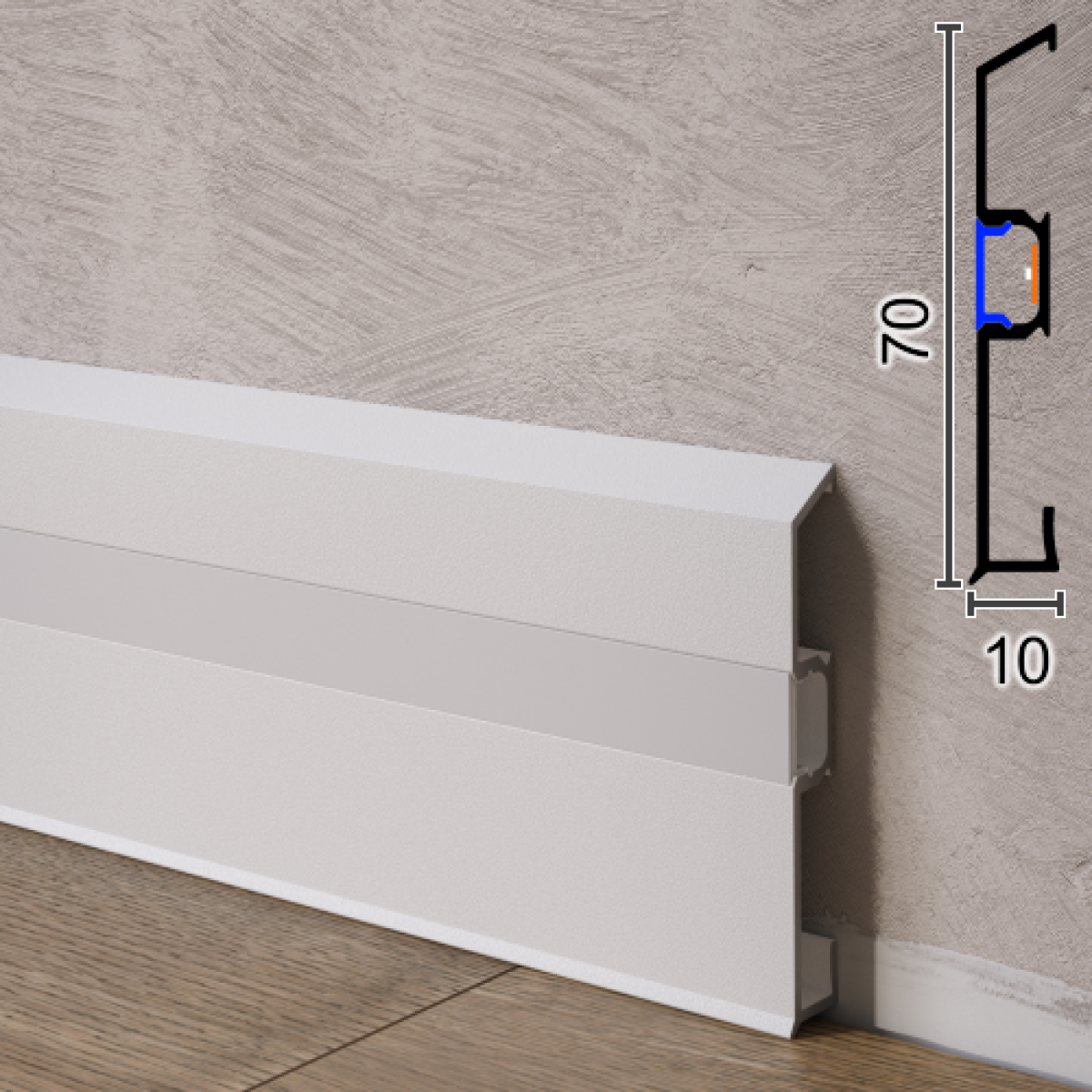 Білий алюмінієвий плінтус світлодіодний Metal Plintus P-95LEDw, H=70мм