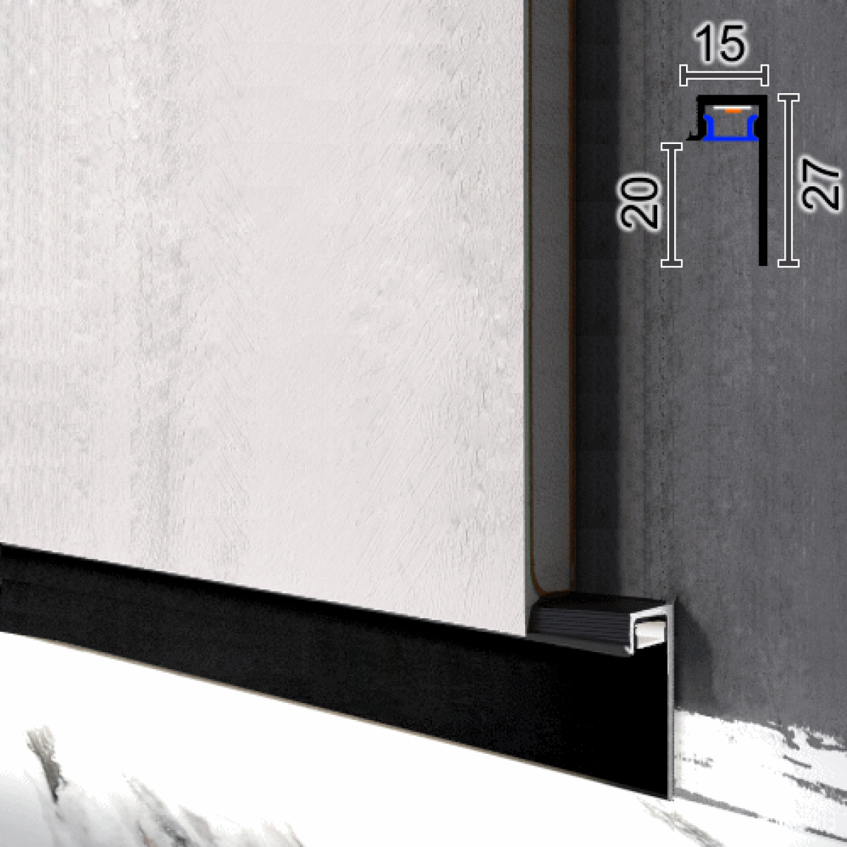 Вбудований тіньовий плінтус з прихованою LED-підсвіткою, h=2cm | Metal ...