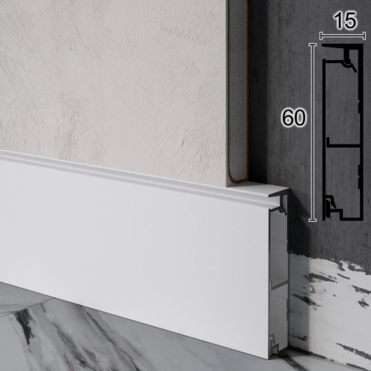 Білий плінтус прихованого монтажу з тіньовим пазом Metal Plintus Р-55W ...